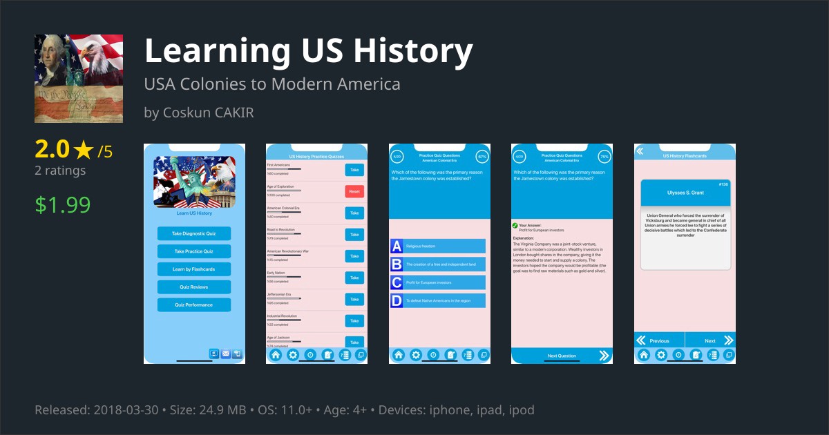 Learning US History App - Quizzes, Flashcards, Exams