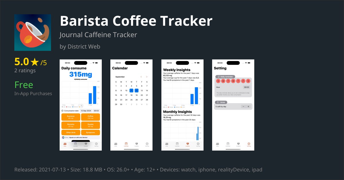 Barista Coffee Tracker - Caffeine Log & Health