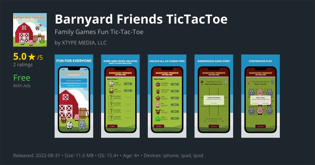 Barnyard Friends TicTacToe - Classic Tic Tac Toe Game