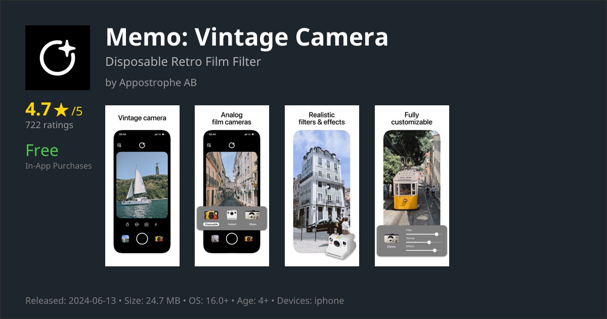 Memo: Vintage Camera - Retro Film Filters | AppsHunter