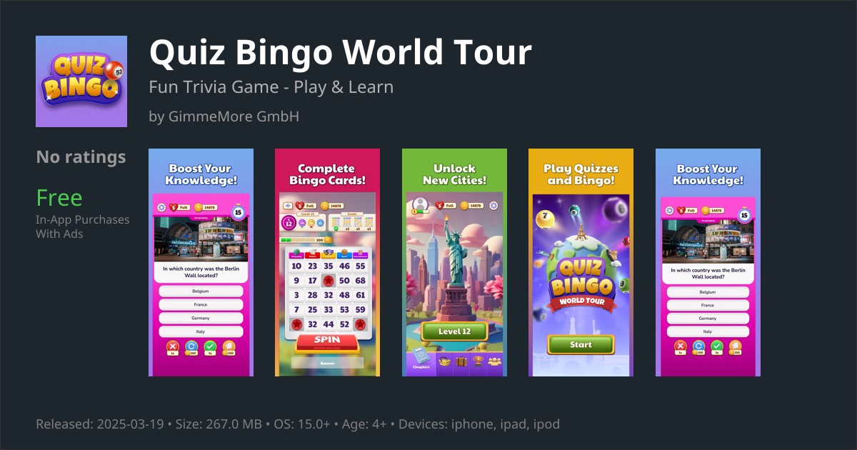 Quiz Bingo World Tour Game for iPhone - Download