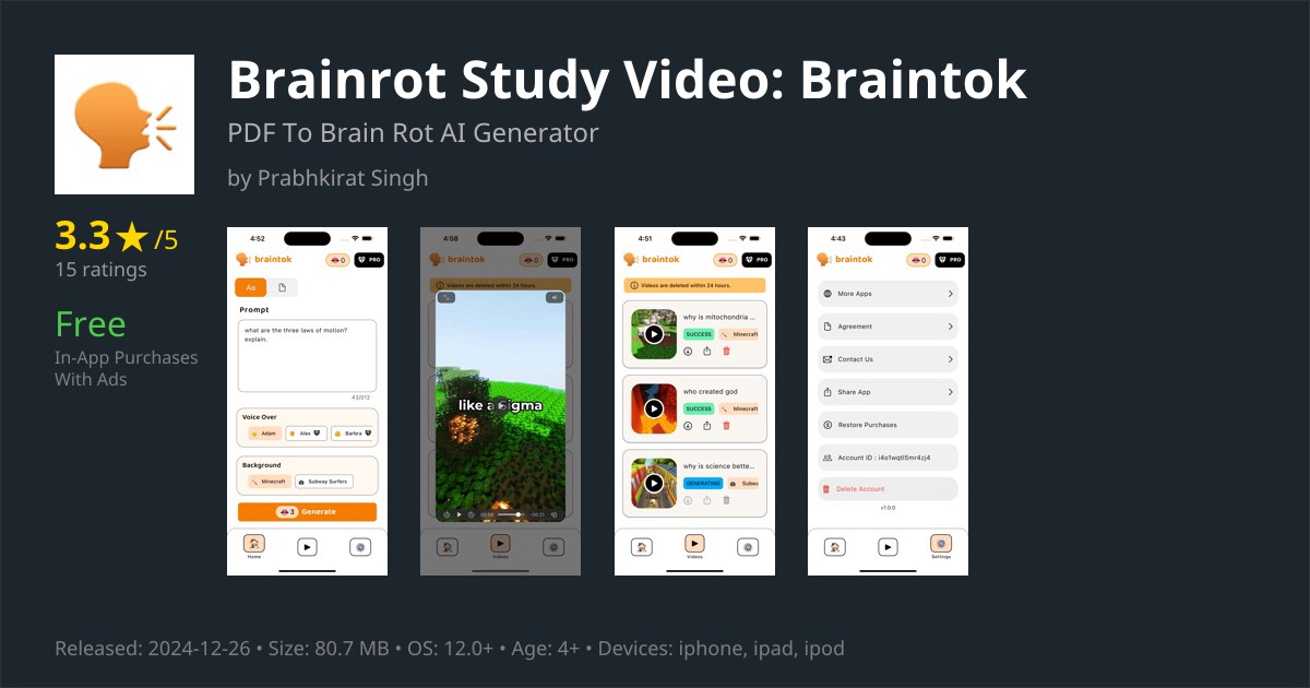 Brainrot Study Video App Reviews – Features, Pricing & User Ratings