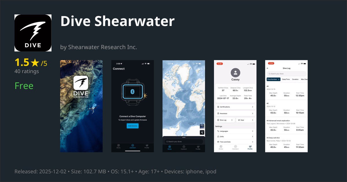 Dive Shearwater - Dive Log, Dive Maps, Dive History | AppsHunter