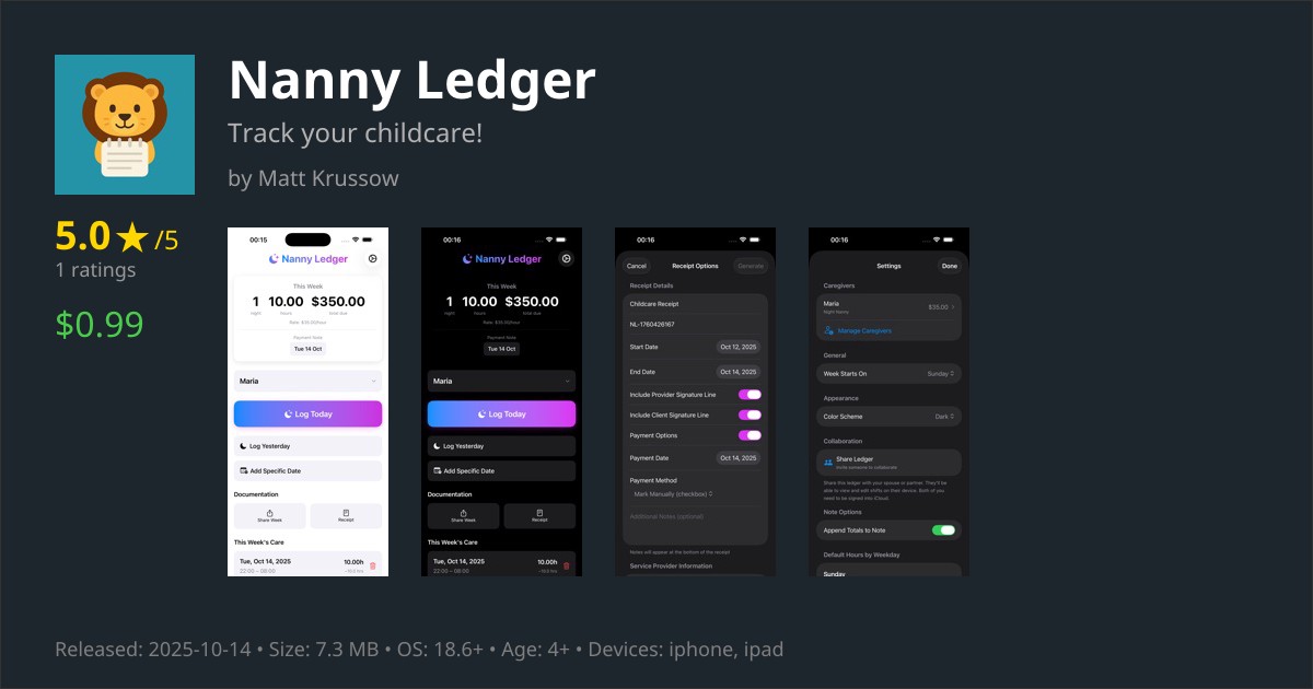 Nanny Ledger App for iPhone - Download
