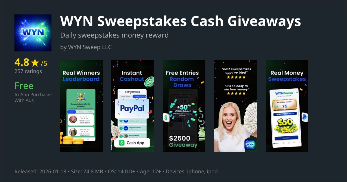 WYN Sweep - Win Real Cash Prizes & Giveaways | AppsHunter