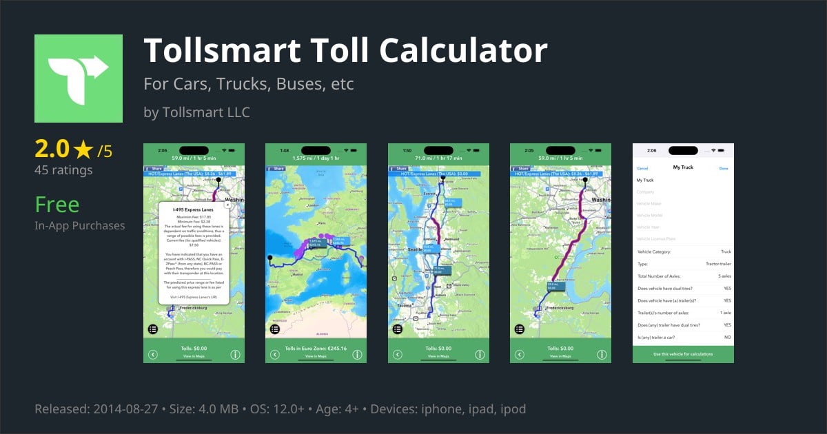 Tollsmart Toll Calculator - Route Toll Costs | AppsHunter